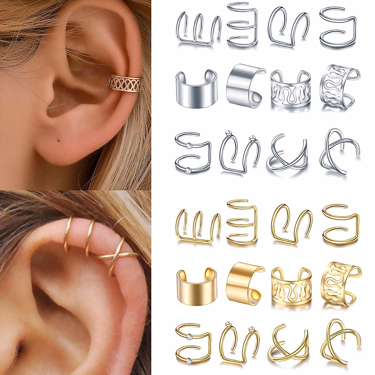 24 Pcs Gold Silver Hair Braids Dreadlock Non-Piercing Ear Clip Beard Beads Cuffs Clip Hair for Women Men Hair Accessories Styling Jewelry Tools