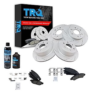 TRQ Front & Rear Brake Pad & Rotor Kit Premium G-Coated Performance Ceramic Slotted X Drilled Compatible with 15-20 Cadillac 14-20 Chevrolet GMC