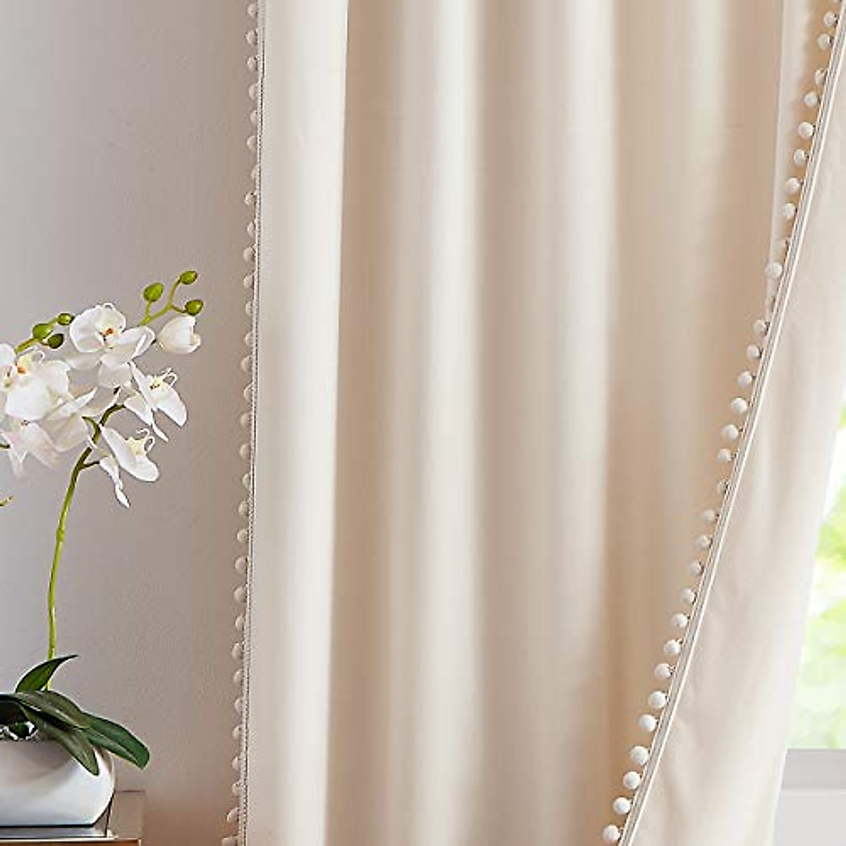 Pom-Pom Cream Velvet Curtain 84inches Long Window Drapes for Living Room Cotton Feel Soft Ivory Window Curtains for Bedroom Hotel Guest Room 42" W 2Panels