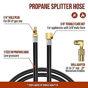 7 FT RV Propane Quick Connect Hose to Grill, BBQ Quick Release LP Gas Line for Camp Chef Stove, Pit Boss Burner-1/4 Male Plug x 3/8 Female Flare-with Elbow Adapter for Blackstone 17"22"28''36''Griddle