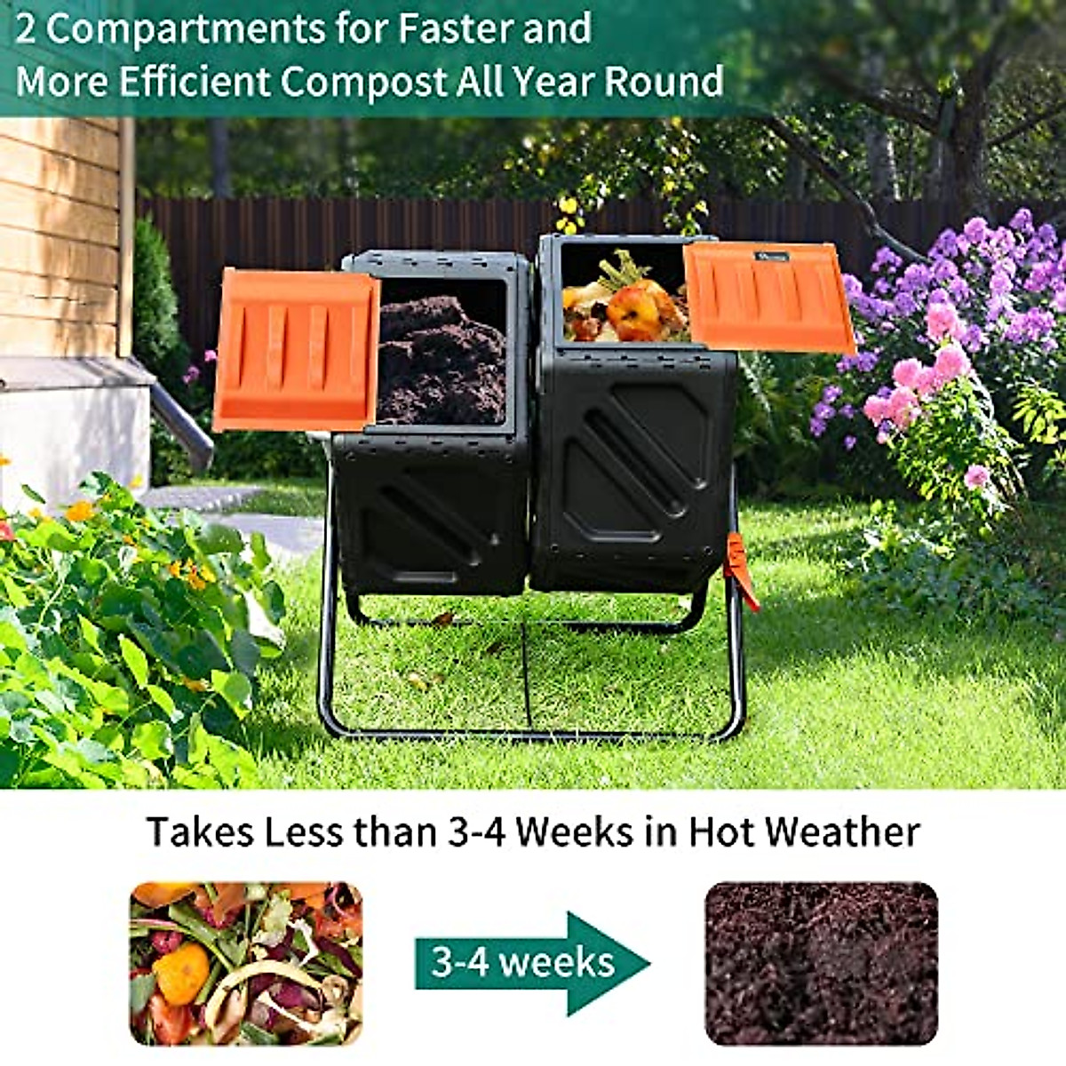 YITAHOME Large Outdoor Dual Chamber Compost Bin, 37 Gallon Rotating Composter Tumbling with 2 Sliding Doors and Aeration System, Garden Compost Tumbler, BPA Free (2x18.5 Gallon,Orange)
