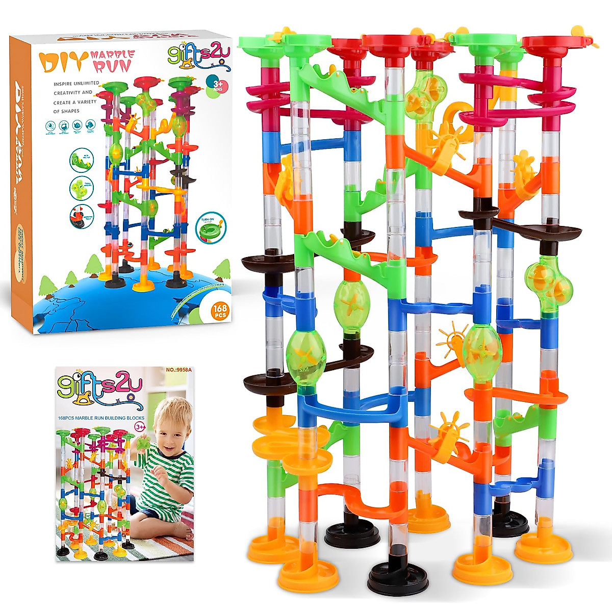 Gifts2U Marble Run Toy,168Pcs Educational Construction Maze Block Toy Set, STEM Learning Building Block Toy for Kids and Parent-Child Game(136 Translucent Plastic Pieces + 32 Glass Marbles)