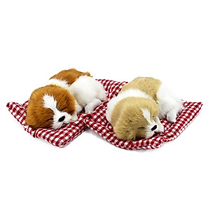 Coolayoung 2Pcs Sleeping Dogs on Pad Doll Toy, Cute Mini Puppy on Pad with Woof Sounds Decor Hand Toy Gift for Kids Boys Girls