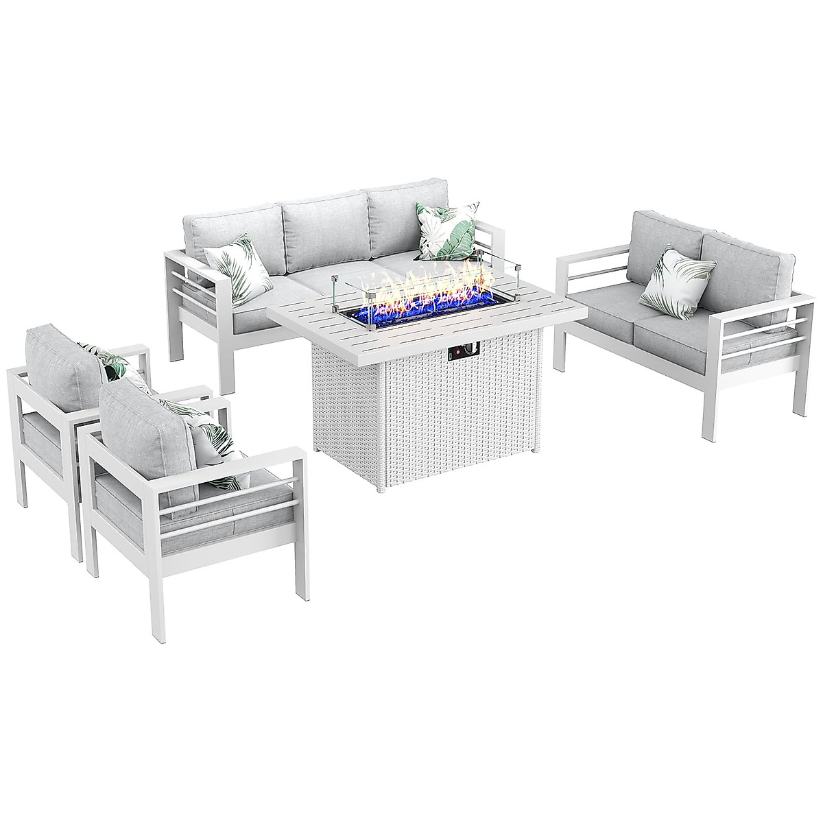 LayinSun Aluminum Furniture Set with Fire Pit Table, 5 Pieces Patio Sectional Conversation Chat Sofa Modern Seating Set