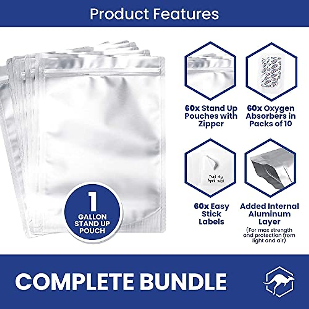 Wallaby 60х 1 Gallon Mylar Bag 7.5mil for Food Storage with 400cc Oxygen Absorbers & Labels - 10"x14" Stand-Up Heat Seal Bulk Resealable Gusset Ziplock Foil Bag for Freeze Dryer, Dehydrated Dried Food