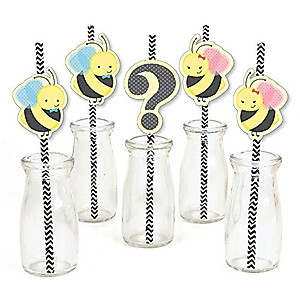 What Will It Bee - Paper Straw Decor - Gender Reveal Striped Decorative Straws - Set of 24