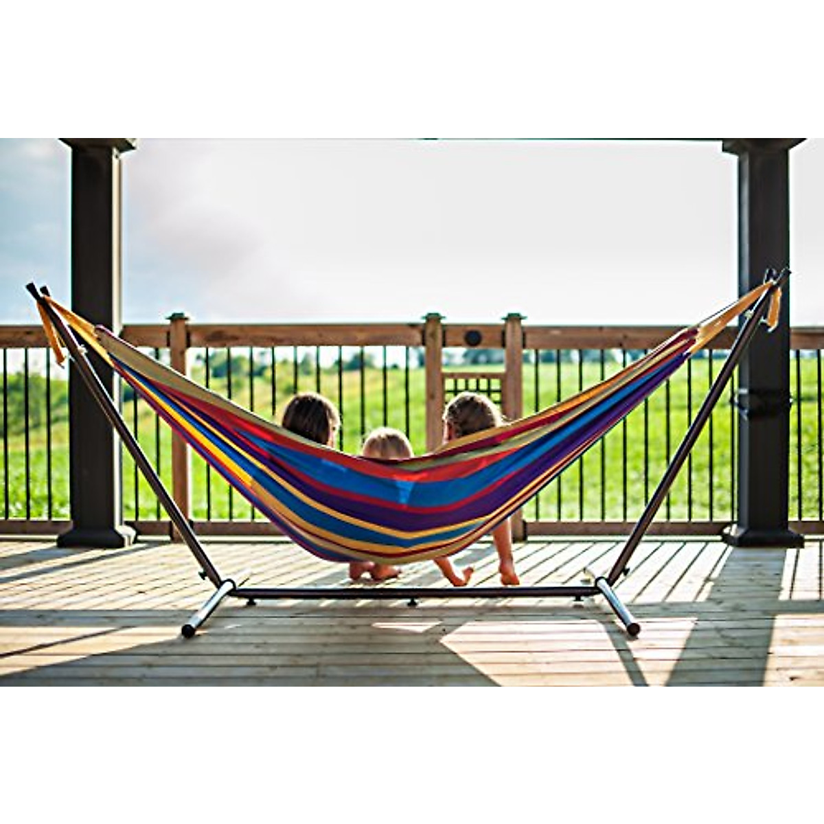 Vivere Double Cotton Hammock with Space Saving Steel Stand, Tropical (450 lb Capacity - Premium Carry Bag Included)