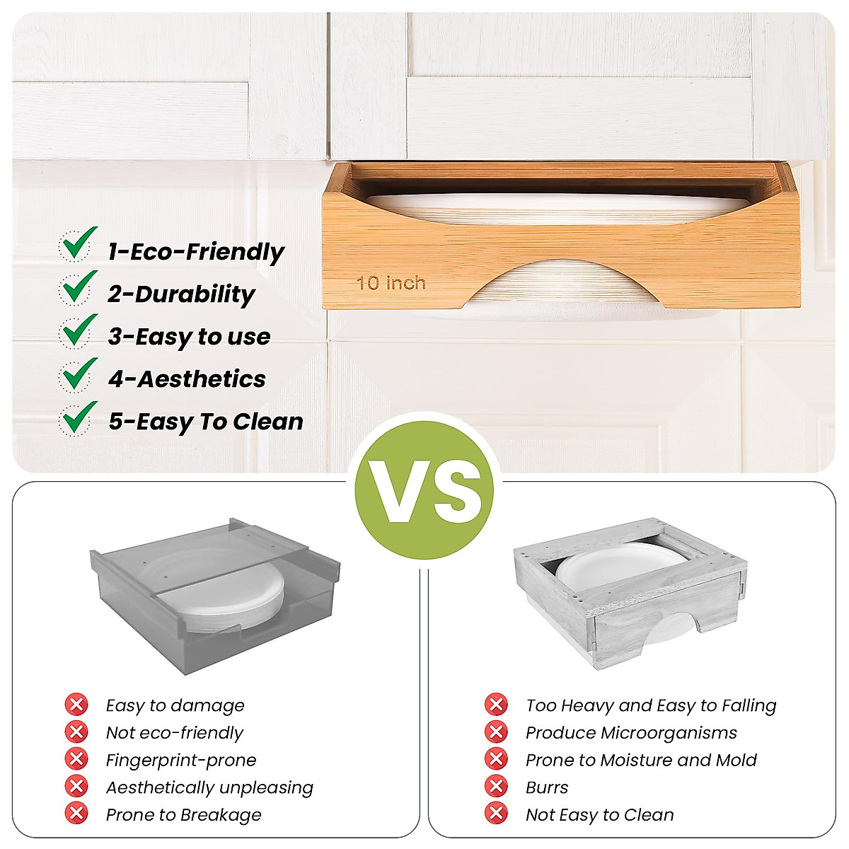 10-inch Paper Plate Dispenser, Bamboo Under Cabinet Paper Plate Holder, Kitchen Countertop Vertical Under Cabinet Plate Rack (For 10-inch Plates, Bamboo)