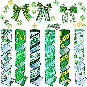 6 Rolls 30 Yards St. Patrick's Day Wired Edge Ribbon Green Buffalo Plaid Ribbon Shamrock Burlap Ribbon Green Hat Wrapping Ribbon for Wrapping Wreath Party Decoration DIY Craft Supplies (White/Green)