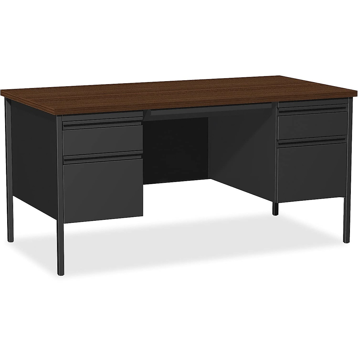 Lorell Fortress Series Double Pedestal Desk, 60" x 30" x 29.5", Black Steel Frame with Walnut Top