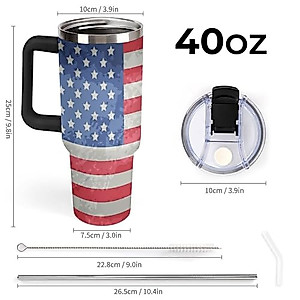 Water Bottle with Lid And Straw, Large Capacity Red Blue White American Flag 40 oz Travel Stainless Steel Cups, Handle Insulated Tumblers for Men, Women