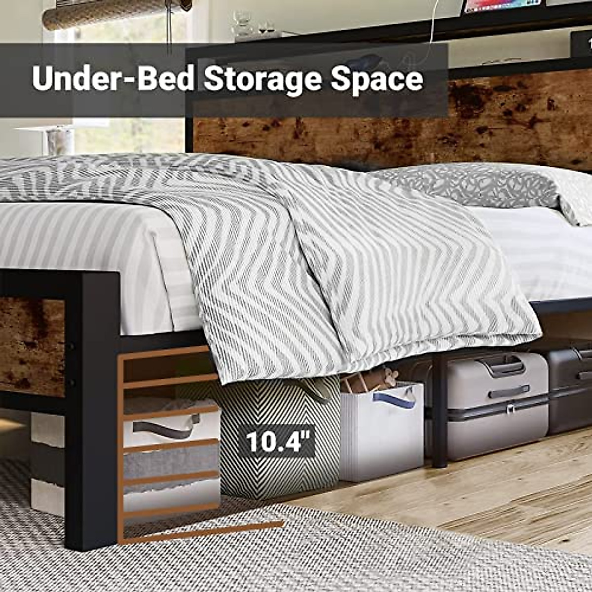 Zevemomo Queen Bed Frame, Queen Size Metal Platform Bed Frame with 2-Tier Storage Wood Headboard and Power Outlets, USB Ports Charging Station/No Box Spring Needed/Noise-Free/Easy Assembly/Brown