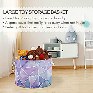 Storage Basket Bin Modern Purple Geometry Round Laundry Basket Collapsible Organizer Basket Kids Laundry Hamper with Handles for Nursery Clothes Toys Books Home Decor