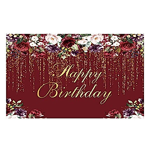 Funnytree 7x5ft Happy Birthday Party Backdrop Burgundy Red Flowers Golden Glitter Floral Photography Background Women Lady Girl Cake Table Decorations 16th 30th 40th 50th 60th Banner Photo Booth