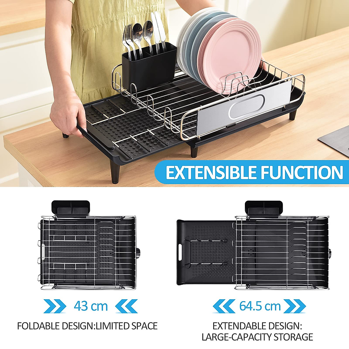 TOOLF Dish Drying Rack, Stainless Steel Dish Rack, Expandable(14.5"-25.3") Dish Drainer Rack and Utility Drainboard Set with Foldable Rack, Utensil Holder Cups Holder for Countertop, 1 Piece Black