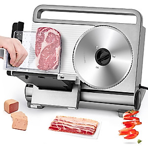 Moongiantgo Foldable Meat Slicer Electric Deli Slicer for Home with Removable 7.5" Stainless Steel Blade, 0-15mm Adjustable Slicing Thickness, with Food Pusher & Child Lock Protection (Serrated Blade)
