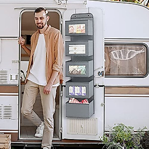 Fixwal Over the Door Hanging Closet Organizer Wall Mount Pantry Storage with 5 Large Pockets and Clear Window for Baby Nursery Bedroom Dorm Pantry Bathroom (Grey)