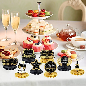 Happy Wedding Anniversary Decorations Table Honeycomb Centerpiece, 8pcs Anniversary Theme Party Supplies for Adult, 10th 25th 30th 40th 50th 60th Anniversary Table Decor Sign