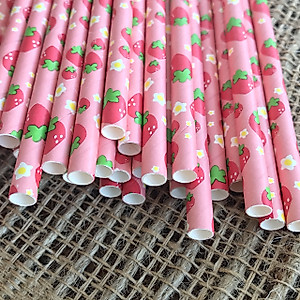 Strawberry Pattern Paper Straws - Valentine - Pink Red Green - 7.75 Inches - 100 Pack