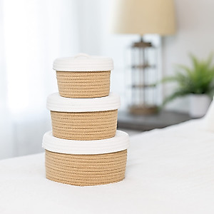 Auguste Round Basket with Lid - Set of 3 Storage Baskets with Lid - Decorative Storage Basket With Lid, Woven Basket with Lid, Cute Cotton Rope Basket, Multi-Purpose Cotton Rope Storage Basket
