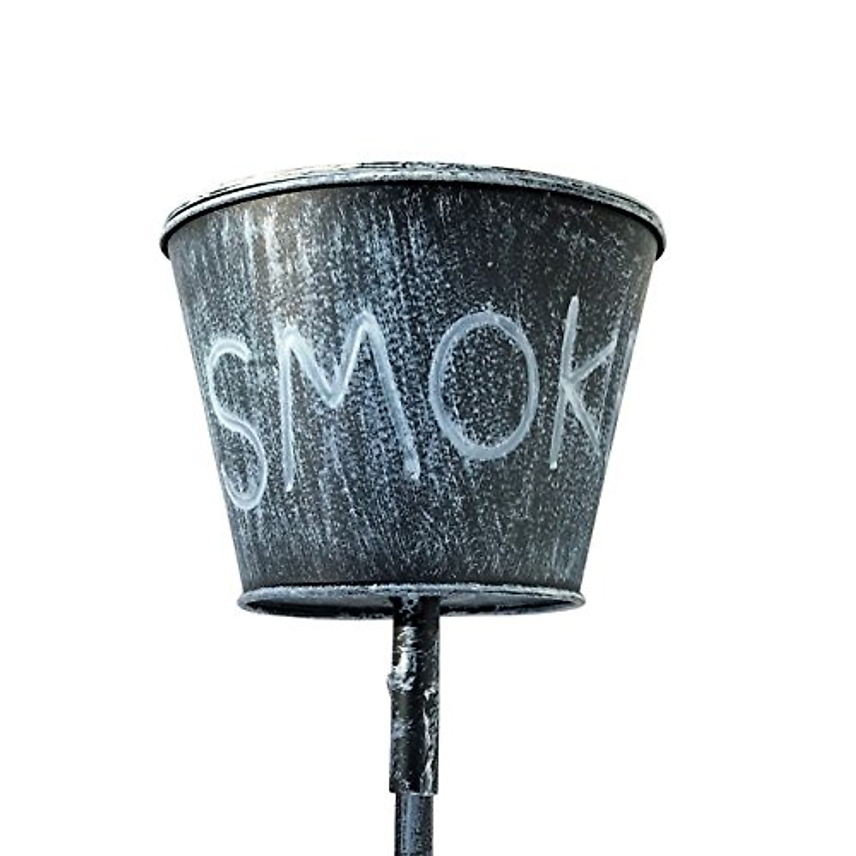 Outdoor Smoke Ashtray, Lidded Bucket on Stake with Prong Post, Garden Party Style, Gray Lacquered Iron, Rustic and Weathered Patina, 6 D x 43 1/4 H Inches