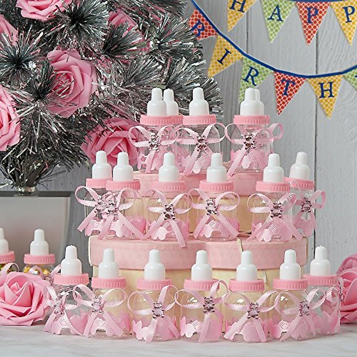 MACTING 2 Dozens 3.5 Inch Feeding Bottle Candy Box with 5 Pcs Artificial Flower Rose for Baby Shower Favor Gift Decoration (Pink)