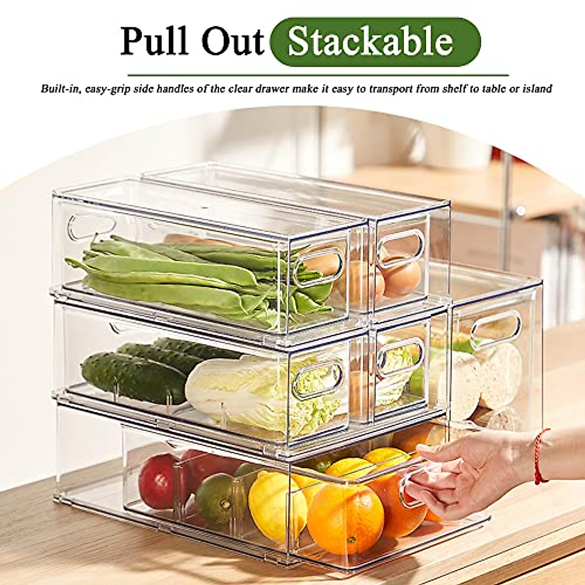 bealy 2 Packs Refrigerator Organizer Bins with Pull-out Drawer,Stackable Fridge Organizers and Storage Clear with Handle,Kitchen Storage Containers Sets for Freezer, Cabinet, Pantry Organization