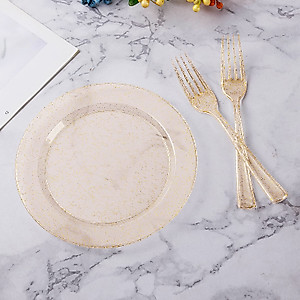 Goodluck 120PCS Gold Glitter Plates with Plastic Forks, Gold Dessert Plates for 60 Guests, Heavy Duty Disposable Plates for Party, Including 60 7" Plastic Plates and 60 7.4" Plastic Forks