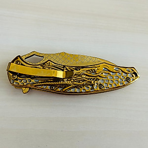 BladeDealUSA Dragon Design Assisted Open Folding Pocket Knife, Dragon Skin Blade, Gold Color, Hunting, Camping Accessories