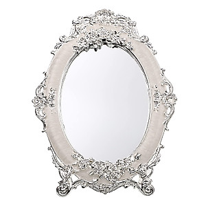 JUXYES Small Tabletop Dressing Mirror Vintage Metal Desktop Mirror with Stand, Antique Embossed Roses Countertop Makeup Mirror Retro Oval Cosmetic Decorative Mirrors for Table Centerpieces