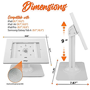 Pyle Anti Theft Tablet Security Stand - Table Mount Desktop Ipad Kiosk Stand w/Lock and Key Mechanism, 90° Rotate 75° Tilt - iPad, iPad Air, iPad Pro, Samsung Galaxy Tab A (2023) PSPADLK18, White