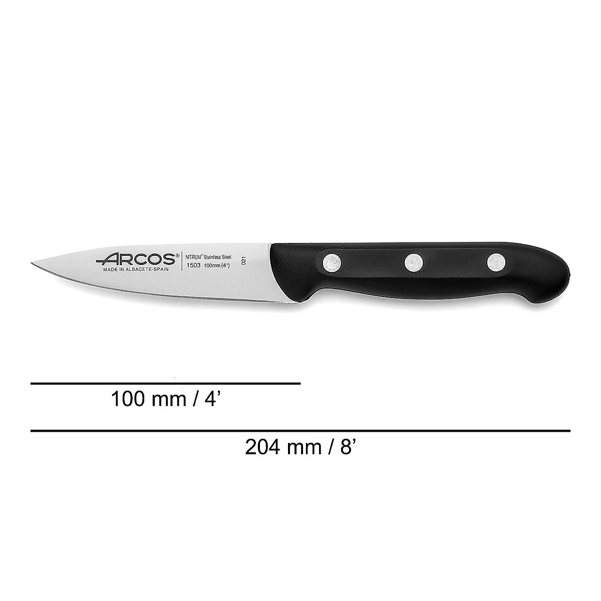 ARCOS Paring Knife 4 Inch Stainless Steel. Professional Kitchen Knife for Peeling Fruits and Vegetables. Ergonomic Polyoxymethylene Handle and 100mm Blade. Series Maitre. Color Black