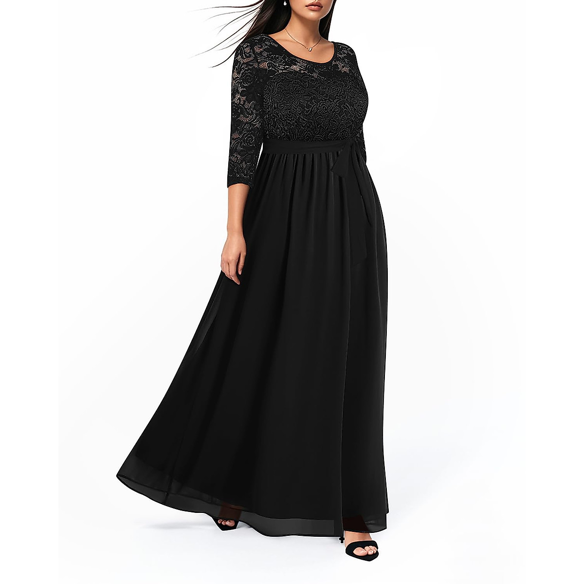 Plus Size Black Formal Gowns Evening Dresses Lace Wedding Prom Party 3/4 Sleeve Long Maxi Elegant Dresses for Women