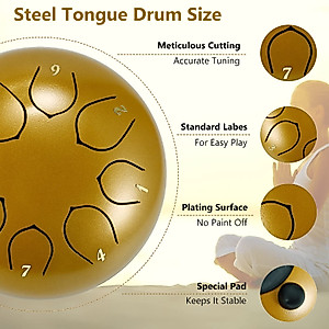 Steel Tongue Drum, DDSKY 6 Inch 8 Notes Lotus Type Handpan Drum Percussion Instrument Steel Drums Instruments with Bag Mallets Mallet Bracket for Mind Healing Yoga Meditatio (Golden)