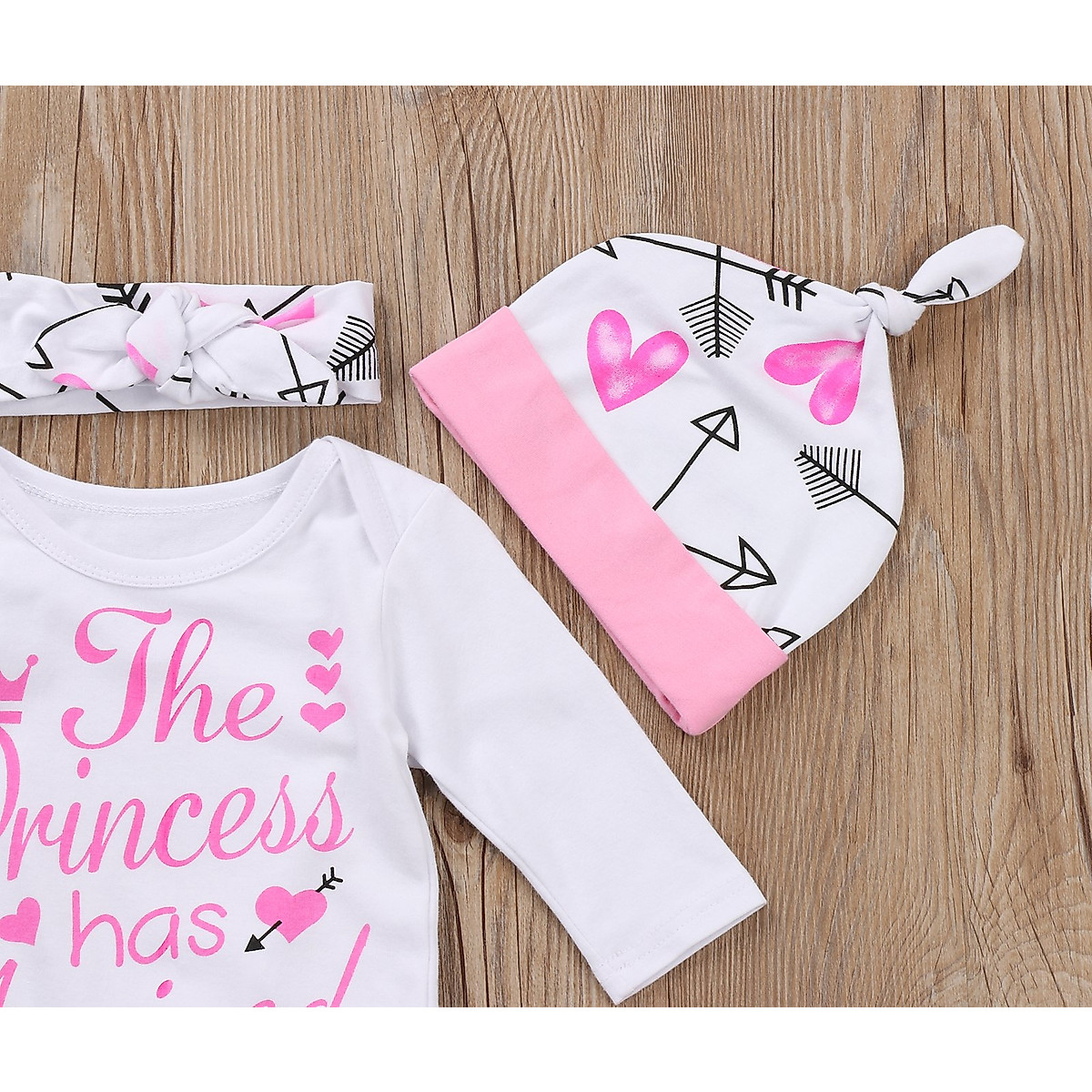 FOCUSNORM 4 pcs Baby Girls Pants Set Newborn Infant Toddler Letter Romper Arrow Heart Pants Hats Headband Clothes Pink