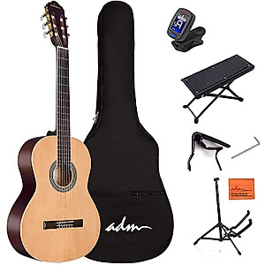 ADM Full Size Classical Nylon Strings Acoustic Guitar 39 Inch Classic Guitarra Starter Bundle for Adult with Free Lessons, Gig Bag, Tuner, Footstool, Kids Student Beginner Kits, Nature