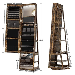 Hzuaneri 16 LEDs Jewelry Cabinet Armoire, 63" H Standing Jewelry Organizer with 360° Rotating Base, Lockable Full-length Mirror, 4-tier Storage Shelves, 4-in-1 design, Rustic Brown JC16003X
