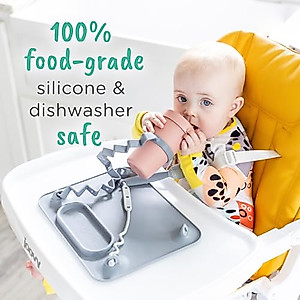 BUSY BABY Silicone Mat - Suction Cups, 4 Straps to Secure Baby Essentials, Self Feeding, Baby Led Weaning, Travel Sleeve Included (Olive)