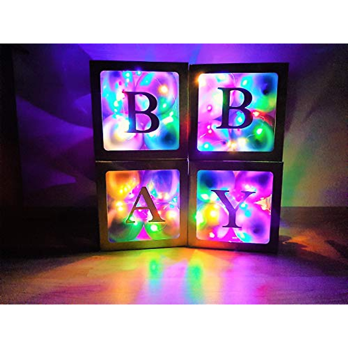 Serene Roses Royal Gold Baby Baby Shower Decorations: 36 Metallic Balloons, 4 Embossed Gold Boxes with 3x4 BABY Letters, 4 LED LIGHTS INCLUDED. Elegant Decoration for Your Little Prince or Princess