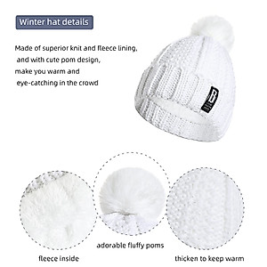 Pom Beanie Hat Scarf Gloves Set 3 in 1 Warm Thick Lining Slouchy Beanie Hats Scarf Touch Screen Gloves for Womens Girls (White)