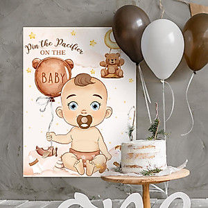Faccito Pin The Pacifier Baby Shower Games Bear Baby Shower Decoration Include Brown Poster 24 Pacifier Stickers Blindfold Pin The Pacifier on Baby Game for Bear Baby Shower Birthday Party Supplies
