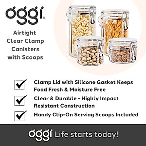 OGGI Clear Canister Airtight 59oz - Clamp Lid & Spoon - Airtight Food Storage Containers, Ideal for Kitchen & Pantry Storage of Bulk, Dry Food Including Flour, Sugar, Coffee, Rice, Tea, Spices & Herbs