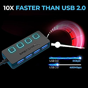 Sabrent 4-Port USB 3.0 Data Hub with Individual LED Power Switches | 2 Ft Cable | Slim & Portable | for Mac & PC (HB-UM43)