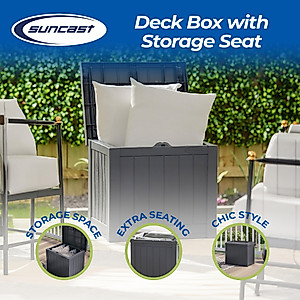 Suncast 22-Gallon Outdoor Patio Backyard Deck Box Storage Bench and 30-Gallon Hideaway Trash Waste Bin with Latching Lid, Cyberspace