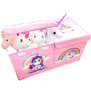 NINOSTAR Girls Unicorn Toy Storage Chest Glowing Décor Functional Organizer Cube Drop Fabric Box with Handles Perfect for Games, Parties, Birthdays