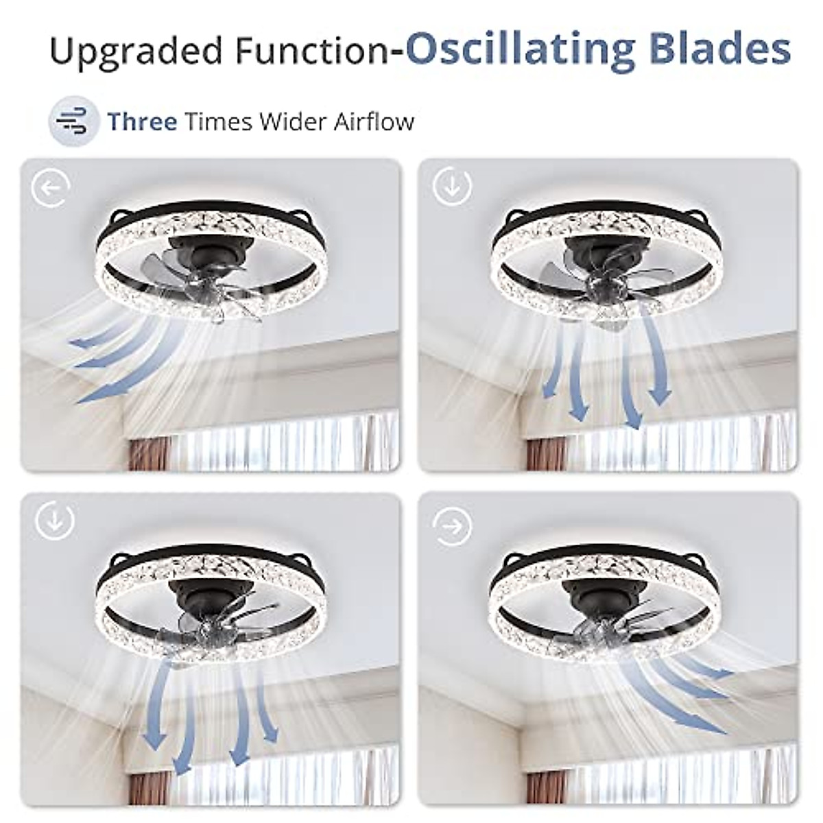 LEDIARY 20 Inch Modern Ceiling Fans with Lights and Remote, Oscillating Low Profile Ceiling Fan, Flush Mount Bladeless LED Ceiling Fan, Dimmable, Stepless Color Changeable, 6 Wind Speeds - Black