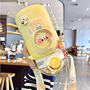 excvalues Kawaii Water Bottle with Straw and Strap, Cute Water Bottles with 3D Stickers, Large Capacity Leak-Proof Bottles for Girls School (White)