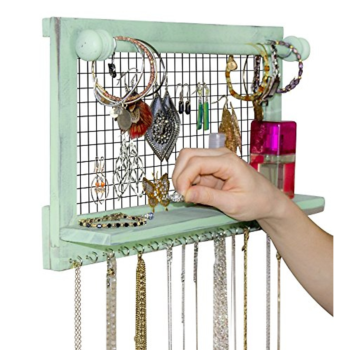 SoCal Buttercup Shabby Chic Jewelry Organizer with Removable Bracelet Rod from Wooden Wall Mounted Holder for Earrings Necklaces Bracelets and Other Accessories