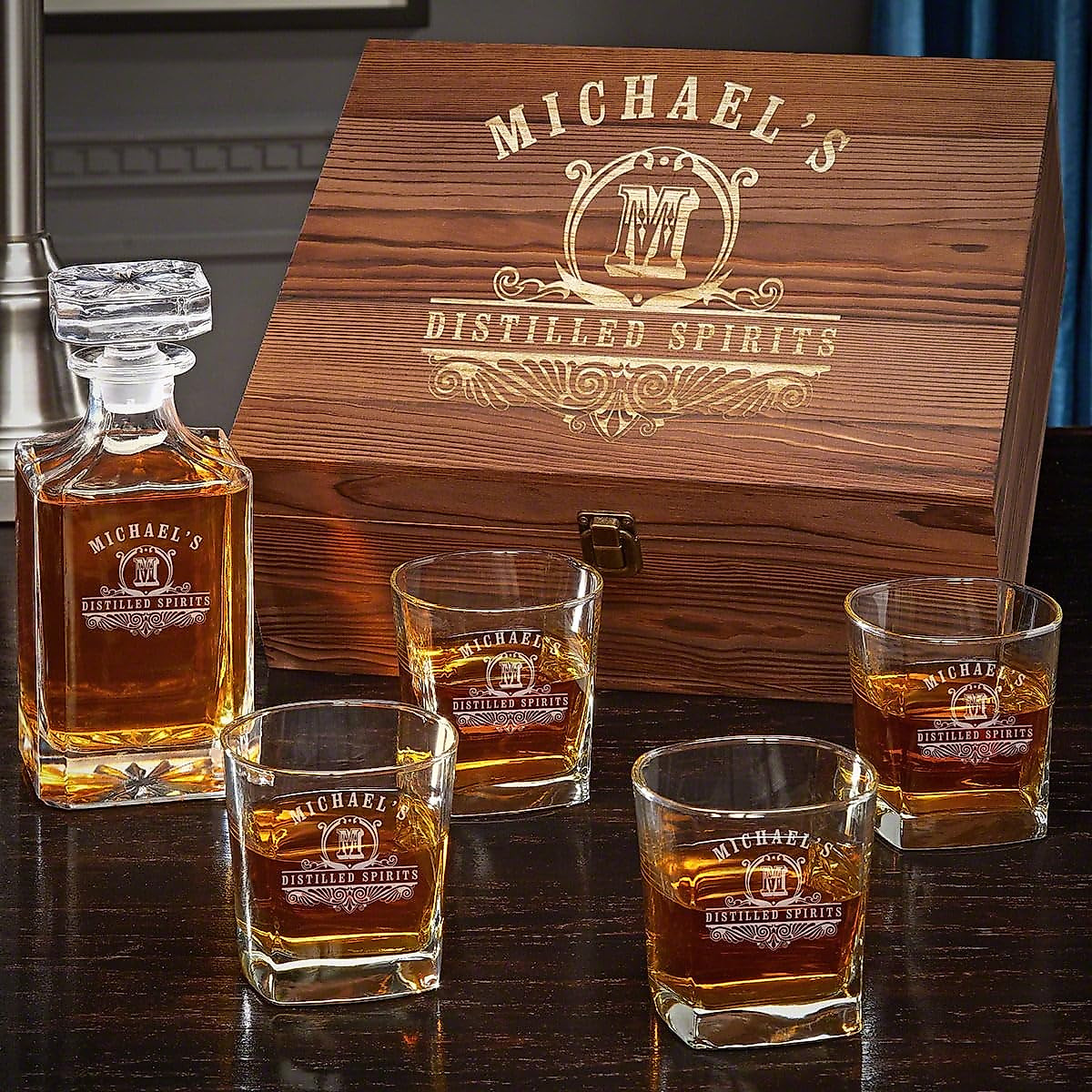 Personalized Whiskey Decanter Set with 4 Square Rocks Glasses - Gift Box Available