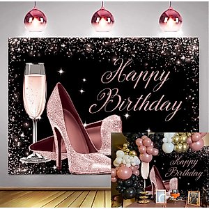Rose Gold Glitter Happy Birthday Backdrop High Heels Champagne Glass Photography Background for Adult Women Birthday Party Decorations Banner Photo Booth 7x5ft